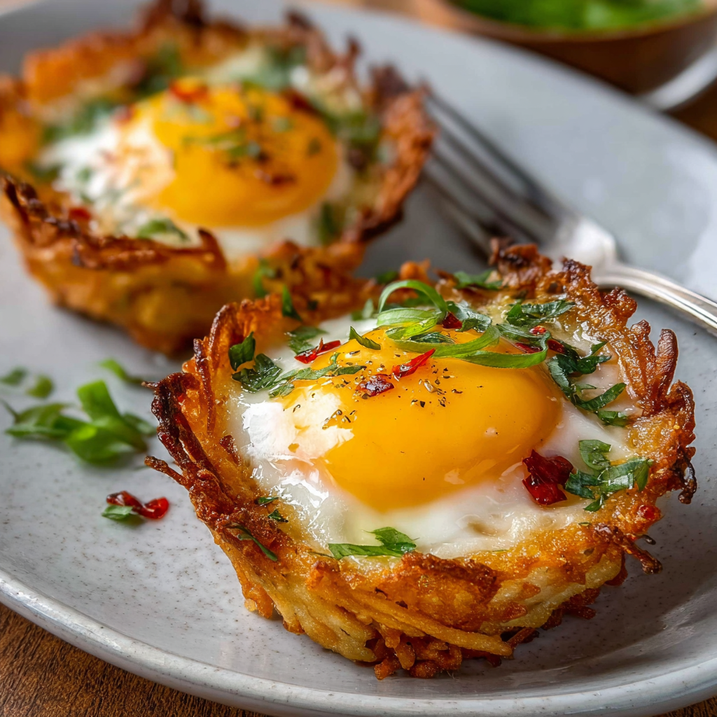 Eggs in Crispy Hash Brown Baskets – Paradise Dishes